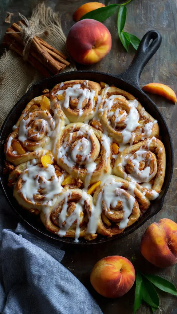 Spiced Peach Cobbler Cinnamon Rolls with Creamy Frosting - Paula Recipes